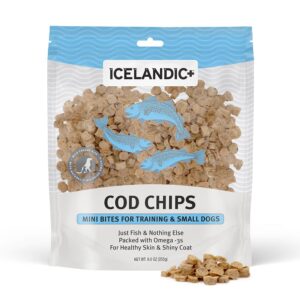 icelandic+ mini fish chips: cod 9oz - dog treats, for training & small dogs, 2 ingredient air-dried crunchy chips