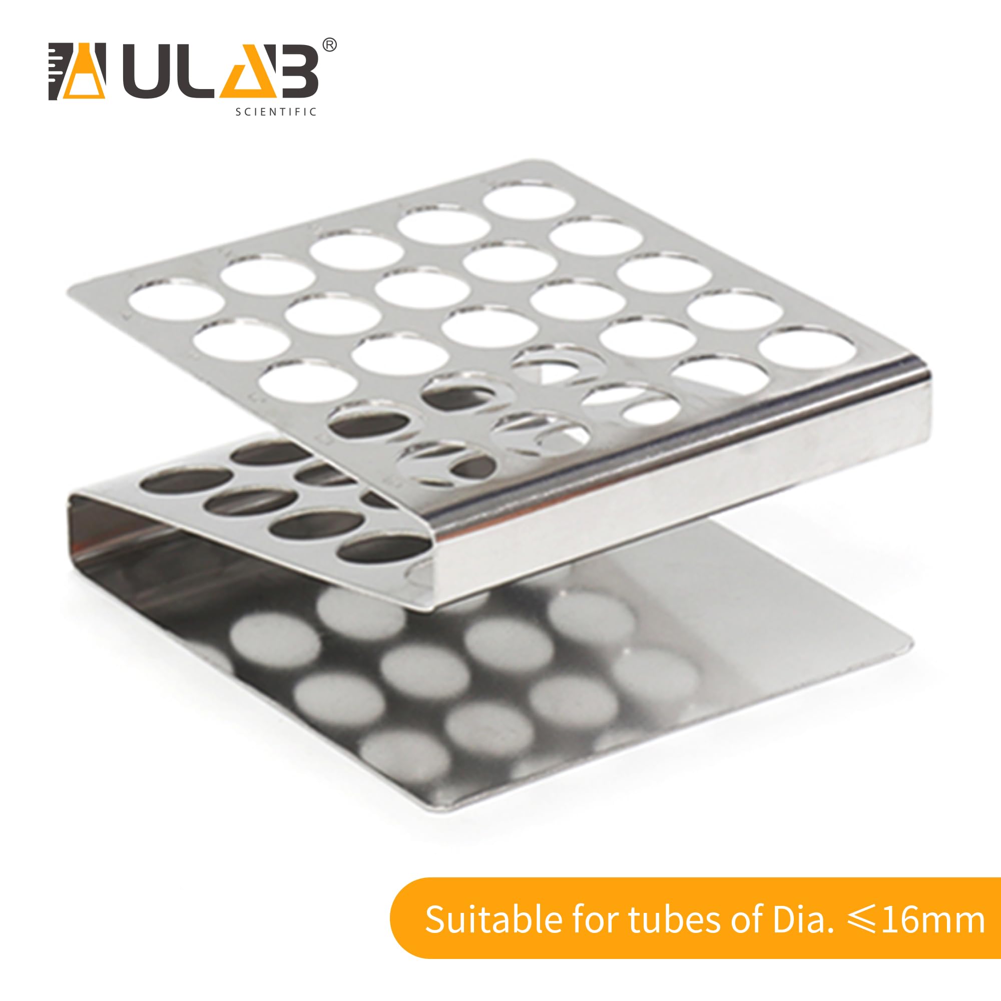 ULAB Scientific Test Tube with Tube Rack, Z Shape Stainless Steel Tube Rack, Suitable for Tubes of Dia.≤16mm, 10pcs of 16ml Cylindrical Glass Test Tubes with Flange stoppers, UTR1002