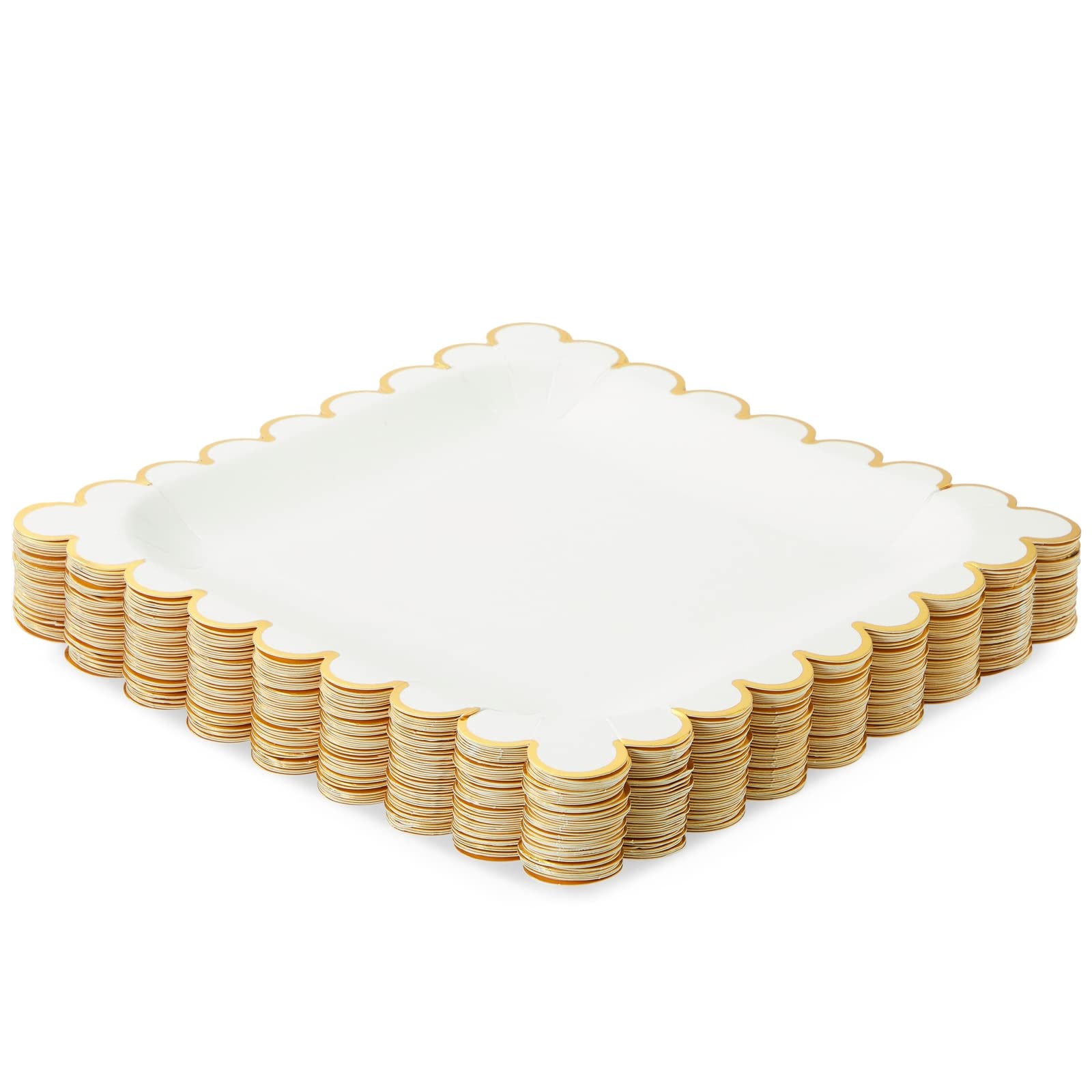 Juvale 48 Pack Square White and Gold Paper Plates with Foil Scalloped Edges for Wedding, Bridal Shower, Birthday (9 In)