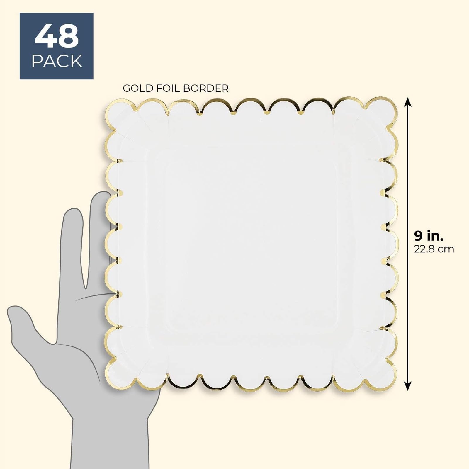 Juvale 48 Pack Square White and Gold Paper Plates with Foil Scalloped Edges for Wedding, Bridal Shower, Birthday (9 In)