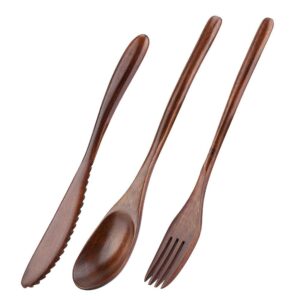 3Pcs Wooden Spoon Fork Knife Cutlery Set, Japanese Reusable Wooden Bamboo Cutlery Set