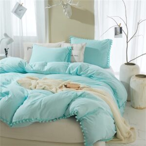 ihoustriy super soft duvet cover and pillow shams set, microfiber, pom pom fringe, comforter cover with zipper and ties, easy care, simple style bedding set, 3 piece - queen, aqua