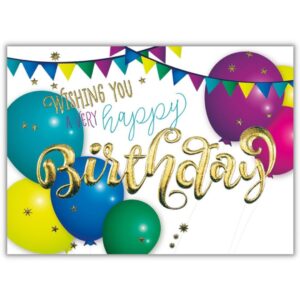 25 birthday cards - trendy balloon design with gold foil embossing - 26 gold foil lined envelopes - fsc mix