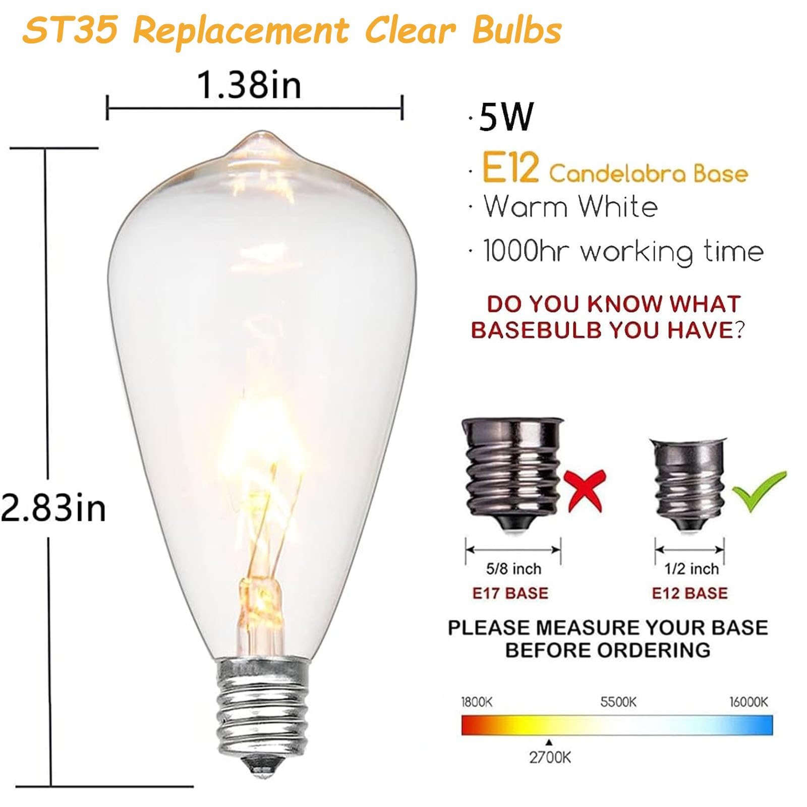 Romasaty 25-Pack ST35 Light Bulbs Replacement Edison Clear Bulbs -5 Watts C7/E12 Screw Base for Indoor/Outdoor Patio String Lights