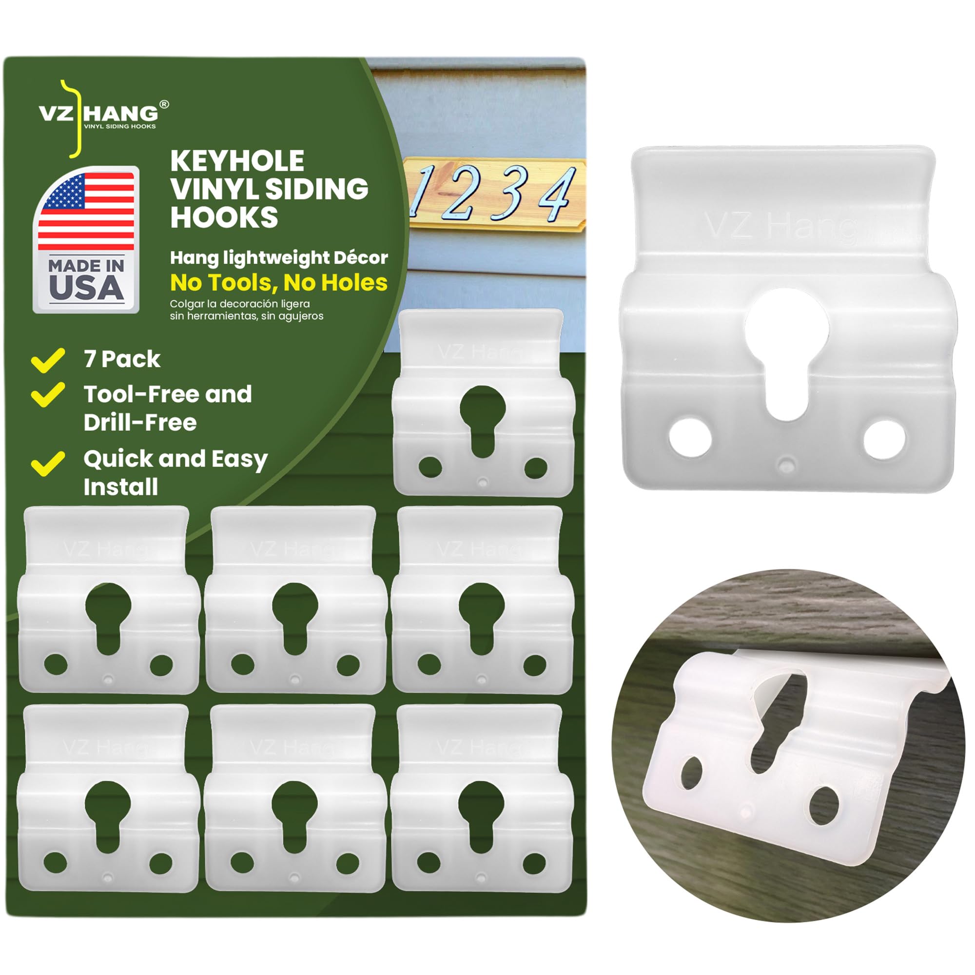 VZ Hang Keyhole Vinyl Siding Hooks 7 Pack - Tool-Free and Drill-Free Siding Hooks for Hanging Outdoor Decorations - Lightweight and Durable Siding Hooks for Home Siding Clips for Outdoor Lights