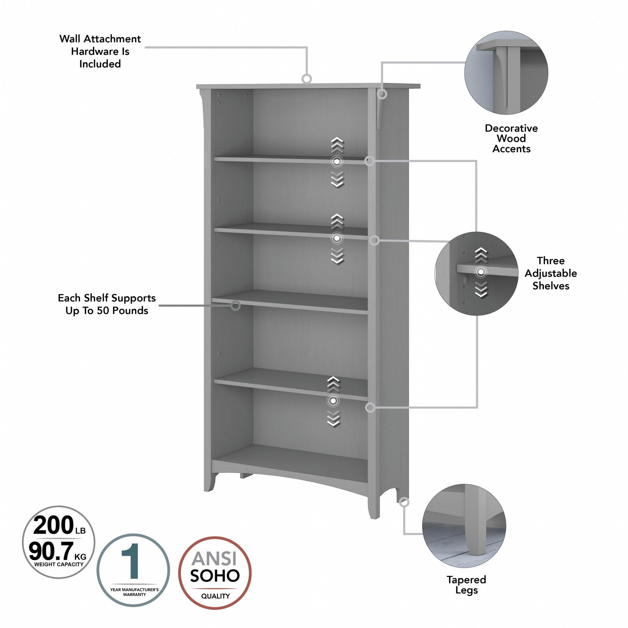 Bush Furniture Salinas 5 Shelf Bookcase in Cape Cod Gray, Tall Bookshelf, Large Book Shelf for Living Room, Home Office, or Entryway