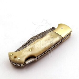 Skokie Knives Custom Hand Made Damascus Steel Hunting Folding Knife Handle Camel Bone