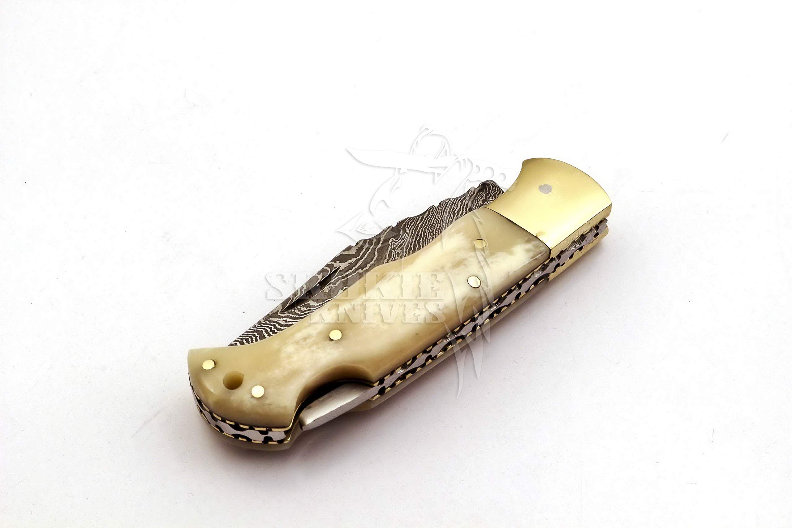 Skokie Knives Custom Hand Made Damascus Steel Hunting Folding Knife Handle Camel Bone