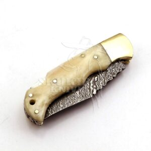 Skokie Knives Custom Hand Made Damascus Steel Hunting Folding Knife Handle Camel Bone