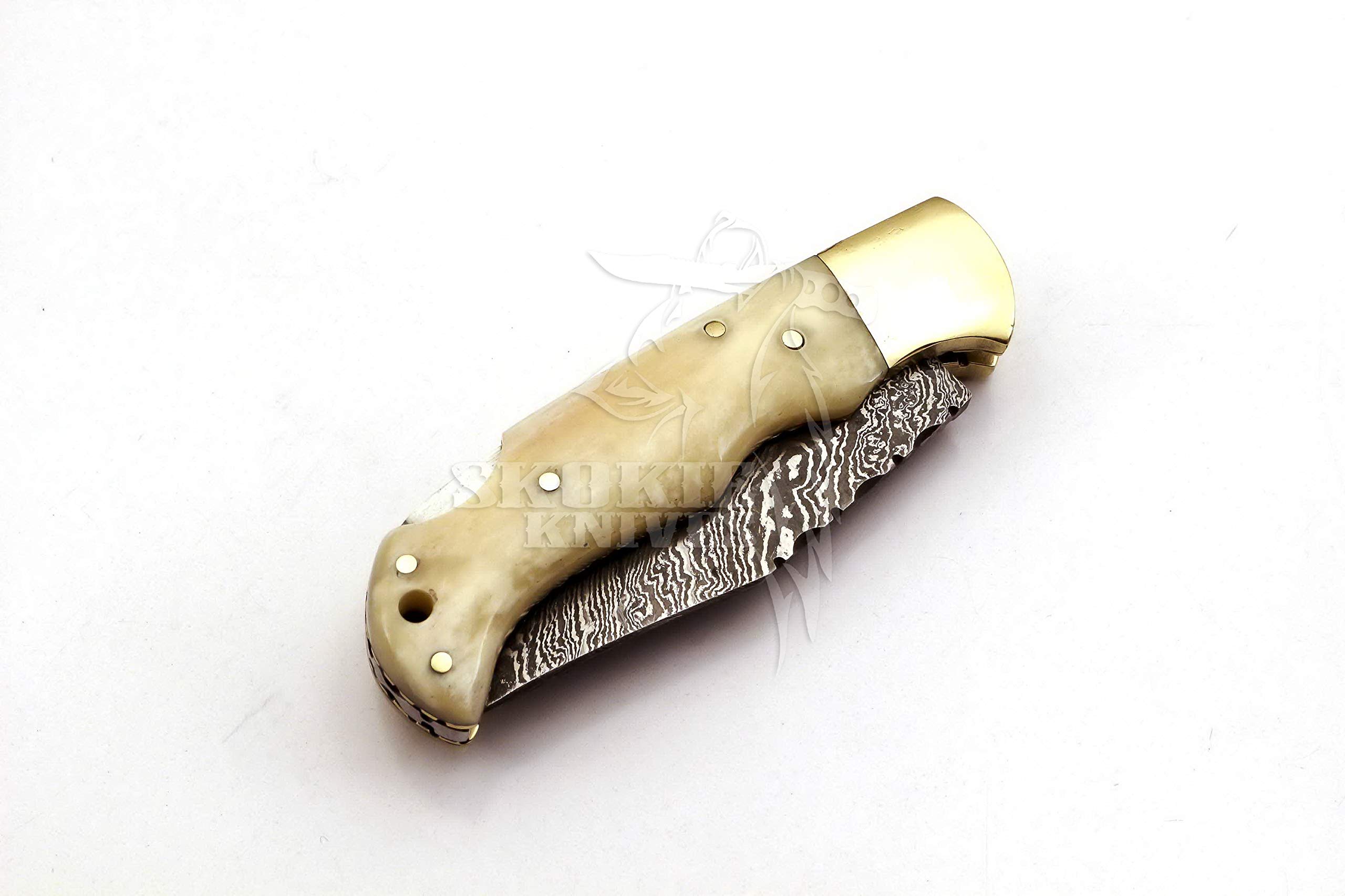 Skokie Knives Custom Hand Made Damascus Steel Hunting Folding Knife Handle Camel Bone