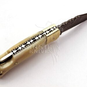 Skokie Knives Custom Hand Made Damascus Steel Hunting Folding Knife Handle Camel Bone