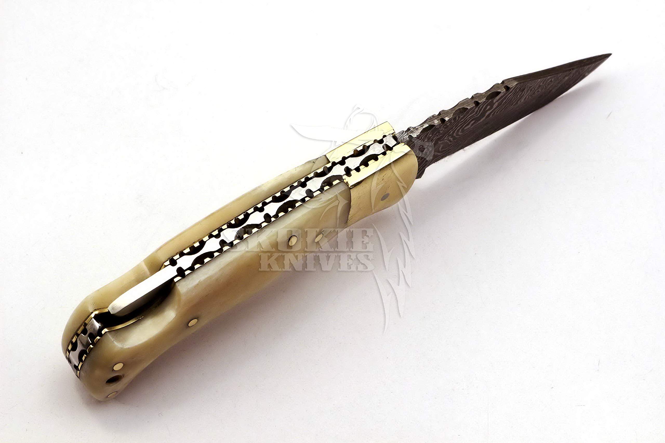 Skokie Knives Custom Hand Made Damascus Steel Hunting Folding Knife Handle Camel Bone