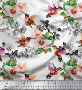 soimoi cotton poplin white fabric - by the yard - 42 inch wide - hummingbird, leaves & flower floral textile - playful and delicate fusion for stylish creations printed fabric