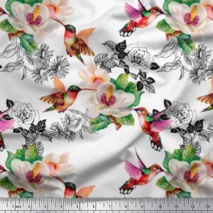 Soimoi Cotton Poplin White Fabric - by The Yard - 42 Inch Wide - Hummingbird, Leaves & Flower Floral Textile - Playful and Delicate Fusion for Stylish Creations Printed Fabric