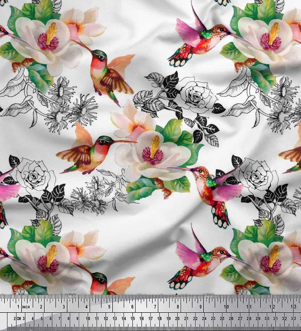 Soimoi Cotton Poplin White Fabric - by The Yard - 42 Inch Wide - Hummingbird, Leaves & Flower Floral Textile - Playful and Delicate Fusion for Stylish Creations Printed Fabric