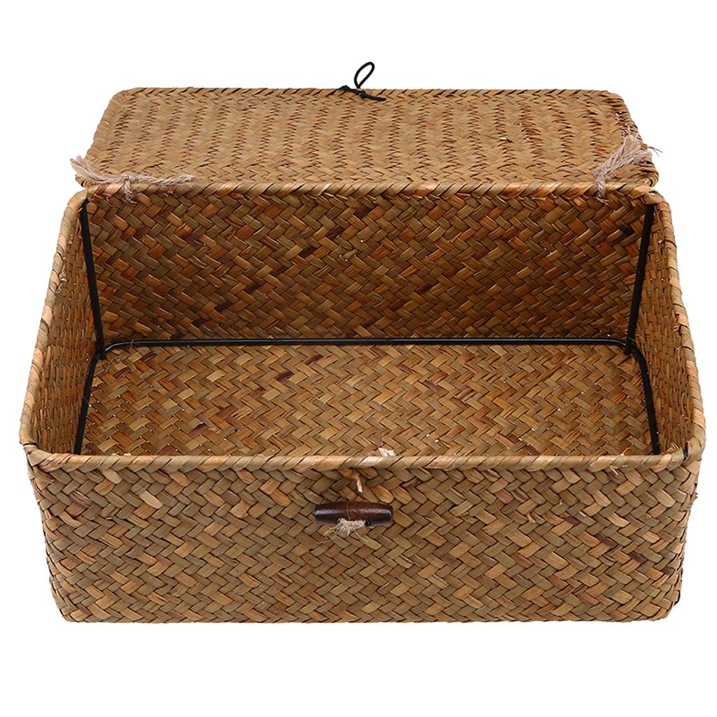 SM SunniMix Rectangular Handwoven Seagrass Storage Basket with Lid for Shelves and Home Organizer Bins for Toys, Books, Laundry, Clothes and More - S