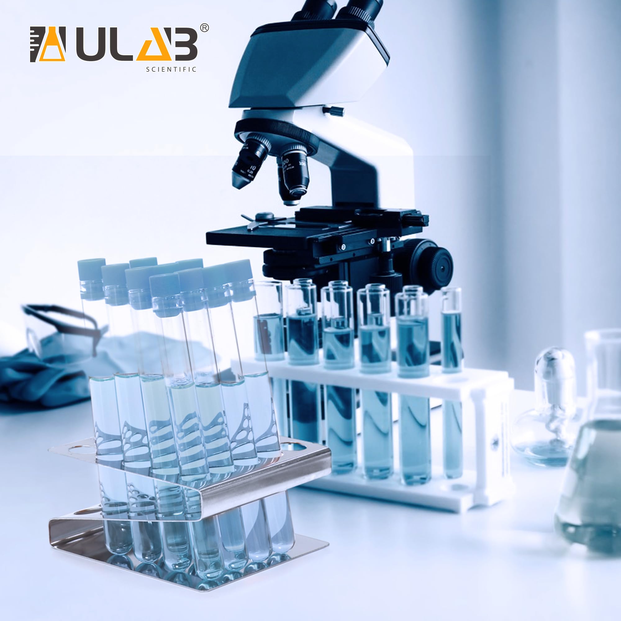 ULAB Scientific Test Tube with Tube Rack, Z Shape Stainless Steel Tube Rack, Suitable for Tubes of Dia.≤16mm, 10pcs of 16ml Cylindrical Glass Test Tubes with Flange stoppers, UTR1002