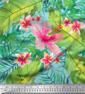 soimoi blue cotton cambric fabric leaves & plumeria flower tropical fabric prints by yard 56 inch wide