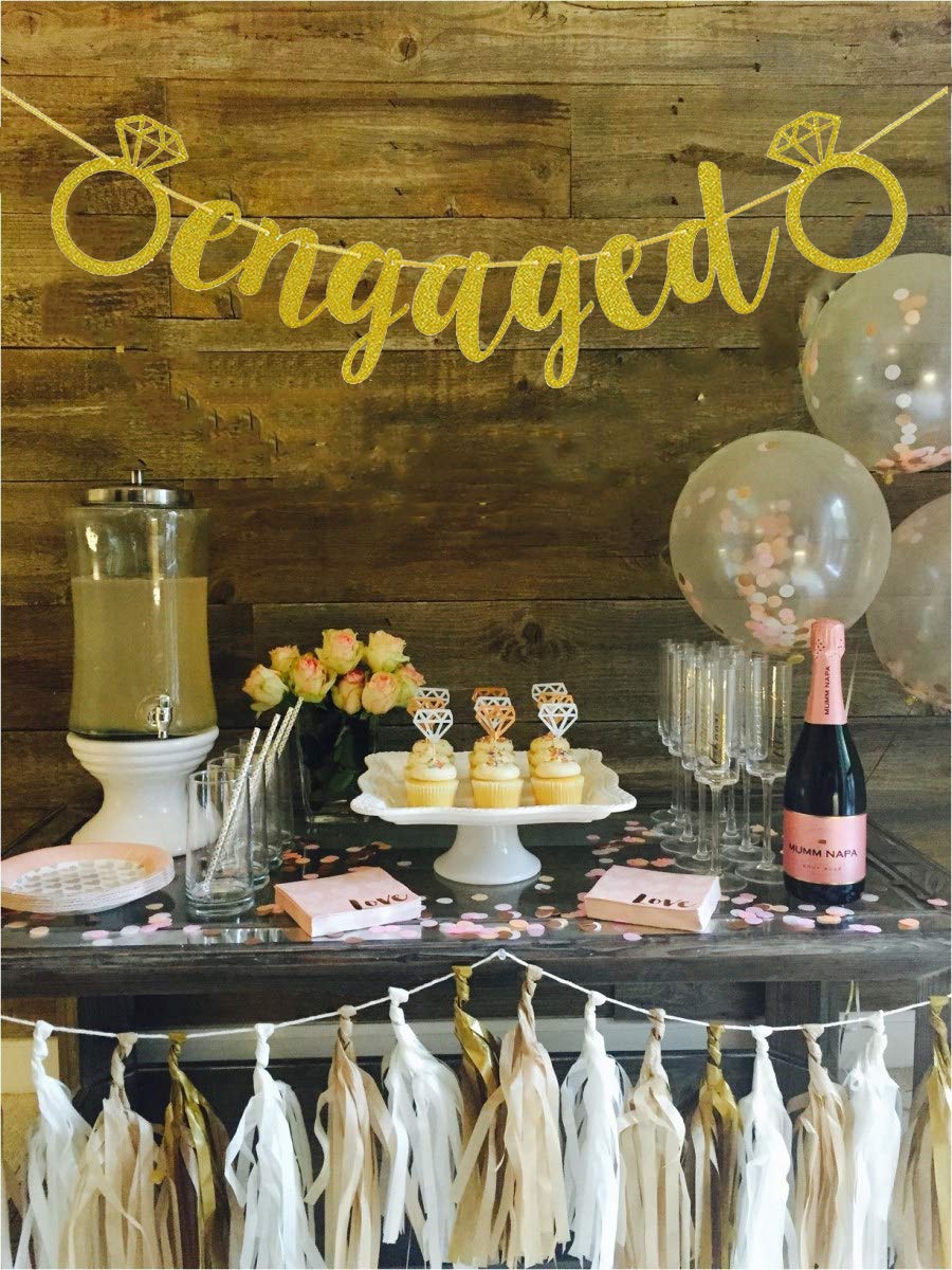 Engagement Party Decorations|Bridal Shower Supplies| Honeycomb Ring Hanging Decorations,Glitter Gold Diamond Ring（(3pcs),Engaged Banner Gold Glittery Letters and Diamond Ring for Party Decorations