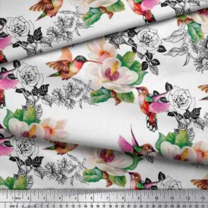 Soimoi Cotton Poplin White Fabric - by The Yard - 42 Inch Wide - Hummingbird, Leaves & Flower Floral Textile - Playful and Delicate Fusion for Stylish Creations Printed Fabric