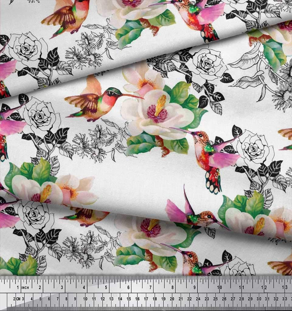 Soimoi Cotton Poplin White Fabric - by The Yard - 42 Inch Wide - Hummingbird, Leaves & Flower Floral Textile - Playful and Delicate Fusion for Stylish Creations Printed Fabric