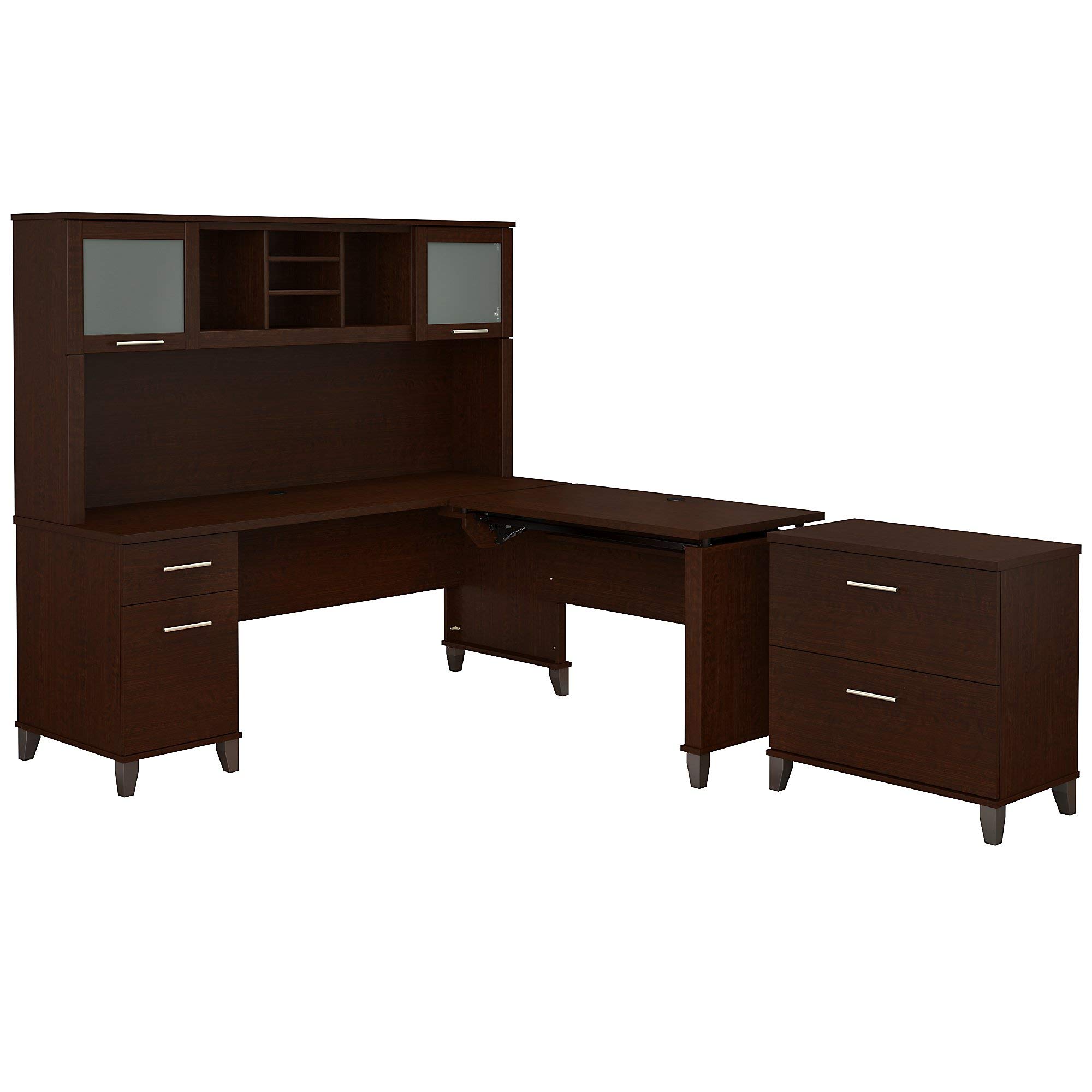 Bush Furniture Somerset 72W 3 Position Sit to Stand L Shaped Desk with Hutch and File Cabinet in Mocha Cherry