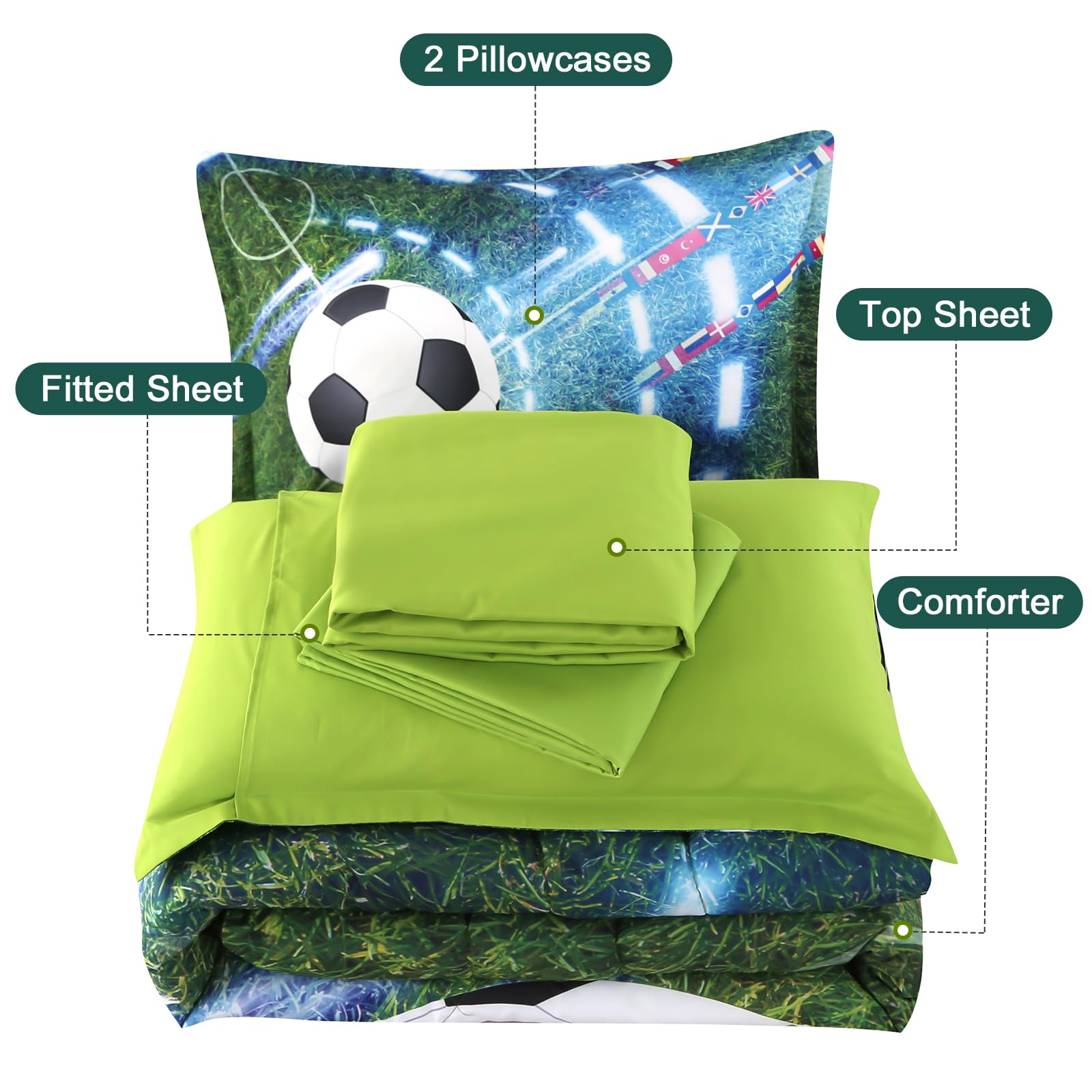 Wowelife Boys Full Soccer Bedding Set, Green Comforter Set Full 5 Pieces, Playground Soccer Comforter Full, Comfortable and Breathable for Teens and Adults