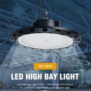 Q QINGCHEN 200W UFO LED High Bay Light 5000K Daylight White, ETL Certified LED Warehouse Light Fixtures,Replacement for 800W MH/HPS