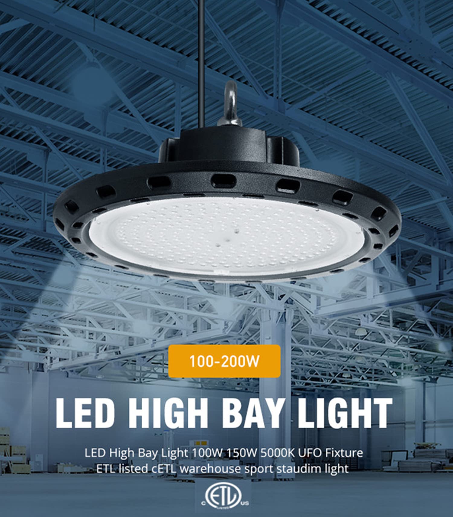 Q QINGCHEN 200W UFO LED High Bay Light 5000K Daylight White, ETL Certified LED Warehouse Light Fixtures,Replacement for 800W MH/HPS