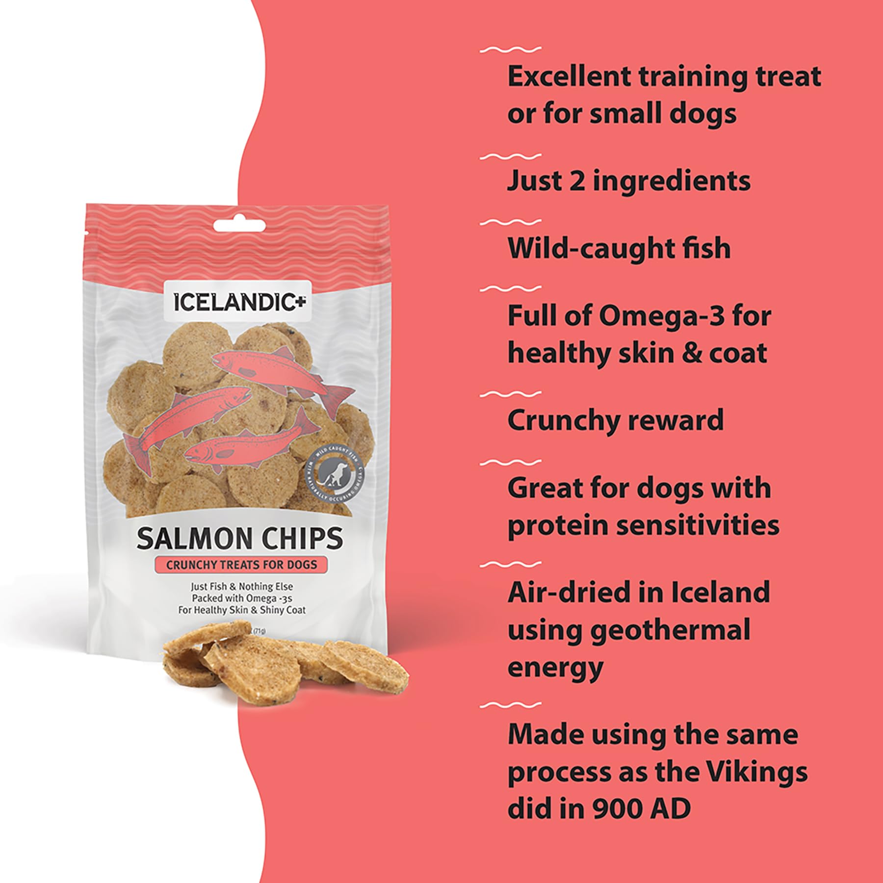 Icelandic+ Fish Chips: Salmon 2.5oz - Dog Treats, for Medium-Large Dogs, Natural 2 Ingredient Air-Dried Crunchy Treats