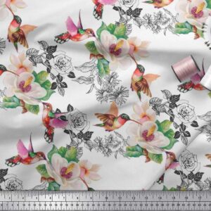 Soimoi Cotton Poplin White Fabric - by The Yard - 42 Inch Wide - Hummingbird, Leaves & Flower Floral Textile - Playful and Delicate Fusion for Stylish Creations Printed Fabric