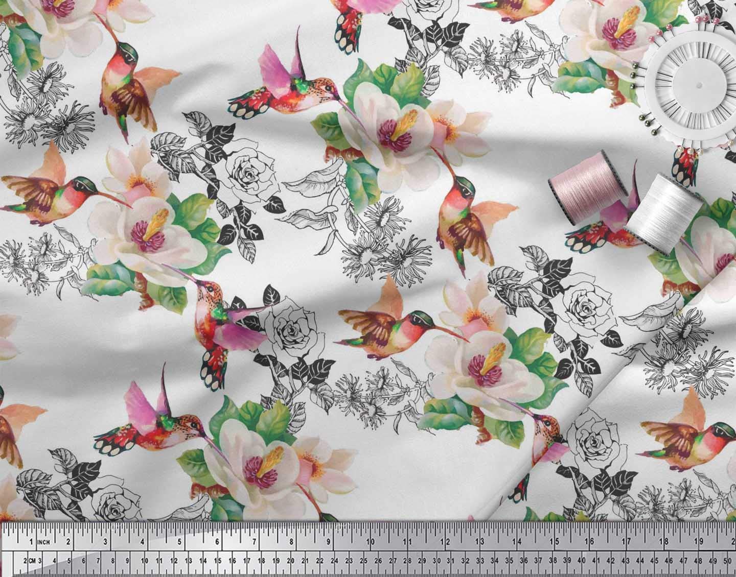 Soimoi Cotton Poplin White Fabric - by The Yard - 42 Inch Wide - Hummingbird, Leaves & Flower Floral Textile - Playful and Delicate Fusion for Stylish Creations Printed Fabric