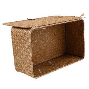 SM SunniMix Rectangular Handwoven Seagrass Storage Basket with Lid for Shelves and Home Organizer Bins for Toys, Books, Laundry, Clothes and More - S