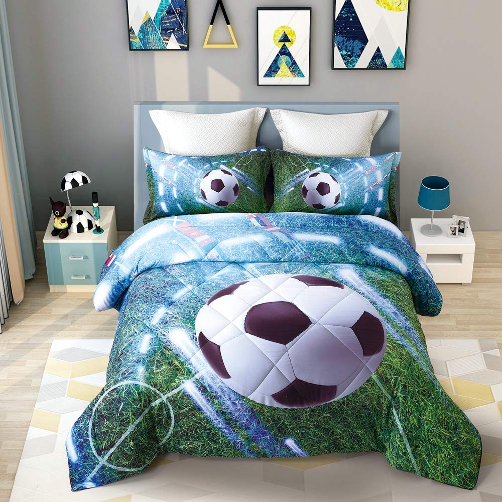 Wowelife Boys Full Soccer Bedding Set, Green Comforter Set Full 5 Pieces, Playground Soccer Comforter Full, Comfortable and Breathable for Teens and Adults