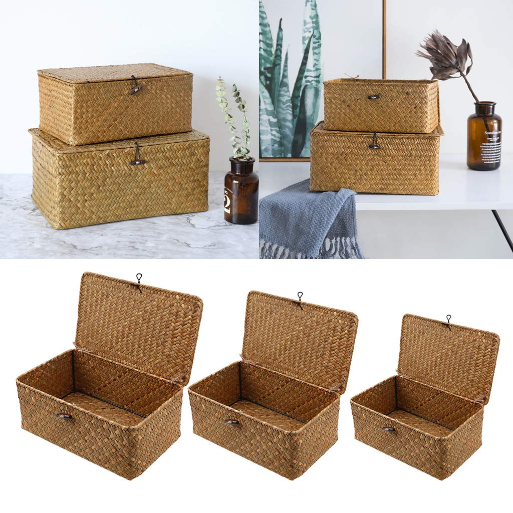 SM SunniMix Rectangular Handwoven Seagrass Storage Basket with Lid for Shelves and Home Organizer Bins for Toys, Books, Laundry, Clothes and More - S