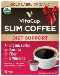 vitacup slim organic coffee pods, diet support with ginseng, garcinia, b vitamins, bold medium dark roast, single serve pod, compatible with keurig k-cup brewers,16 ct