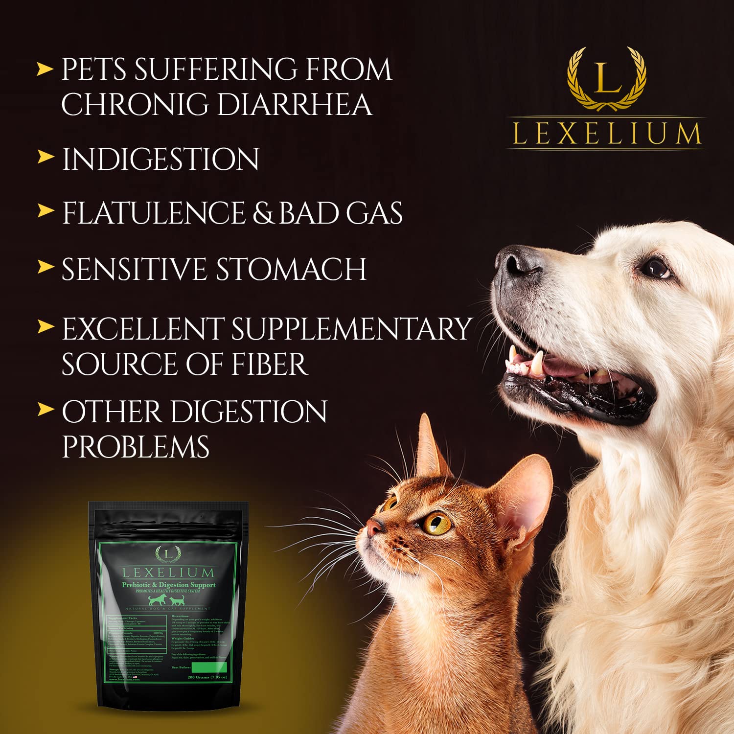 Lexelium Cat & Dog Prebiotic Digestion Supplement - Helps with Sensitive Stomach & Chronic Diarrhea – Contains Valuable Digestive Enzymes, Fiber & Prebiotics - 200g