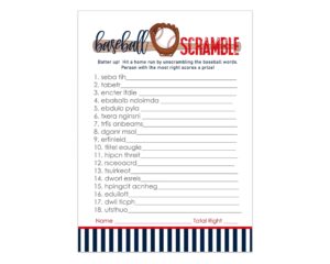 baseball word scramble game, 25 pack - fun sports themed party game, bridal shower games for guests, couples unscramble activity cards, gender reveal bbq ideas, summer party supplies, red and blue