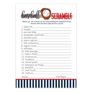 Baseball Word Scramble Game, 25 Pack - Fun Sports Themed Party Game, Bridal Shower Games for Guests, Couples Unscramble Activity Cards, Gender Reveal BBQ Ideas, Summer Party Supplies, Red and Blue