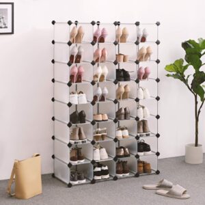 SONGMICS Shoe Rack, Space-Saving 28-Slot Plastic Shoe Storage Organizer Unit, Shoe Cabinet, Ideal for Entryway Hallway Closet Garage, 14.2 x 61.8 x 48 Inches, Transparent ULPC48S