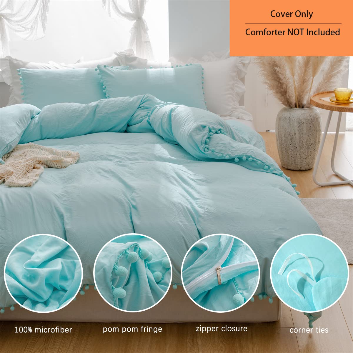 IHOUSTRIY Super Soft Duvet Cover and Pillow Shams Set, Microfiber, Pom Pom Fringe, Comforter Cover with Zipper and Ties, Easy Care, Simple Style Bedding Set, 3 Piece - Queen, Aqua