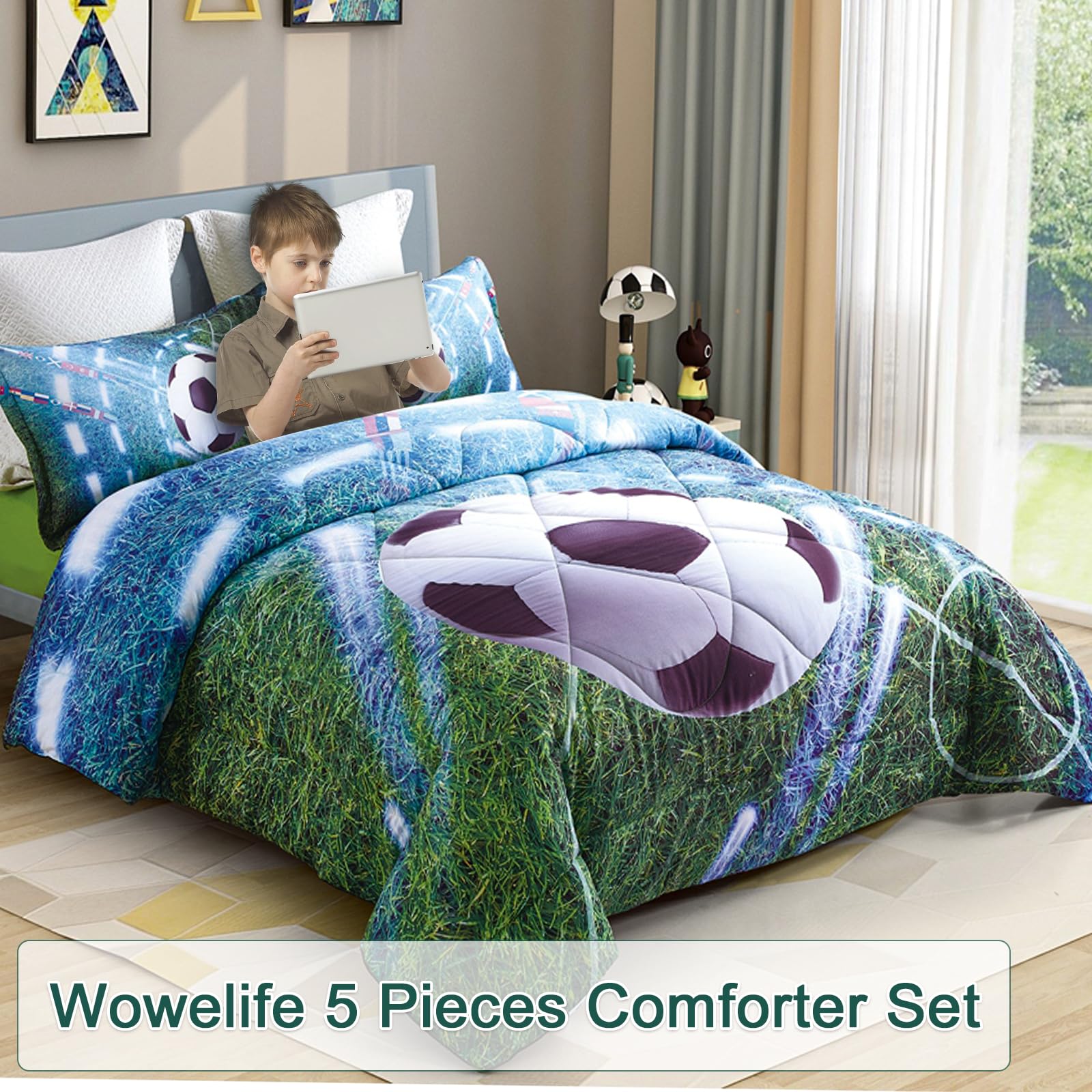 Wowelife Boys Full Soccer Bedding Set, Green Comforter Set Full 5 Pieces, Playground Soccer Comforter Full, Comfortable and Breathable for Teens and Adults