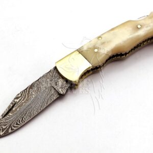 Skokie Knives Custom Hand Made Damascus Steel Hunting Folding Knife Handle Camel Bone