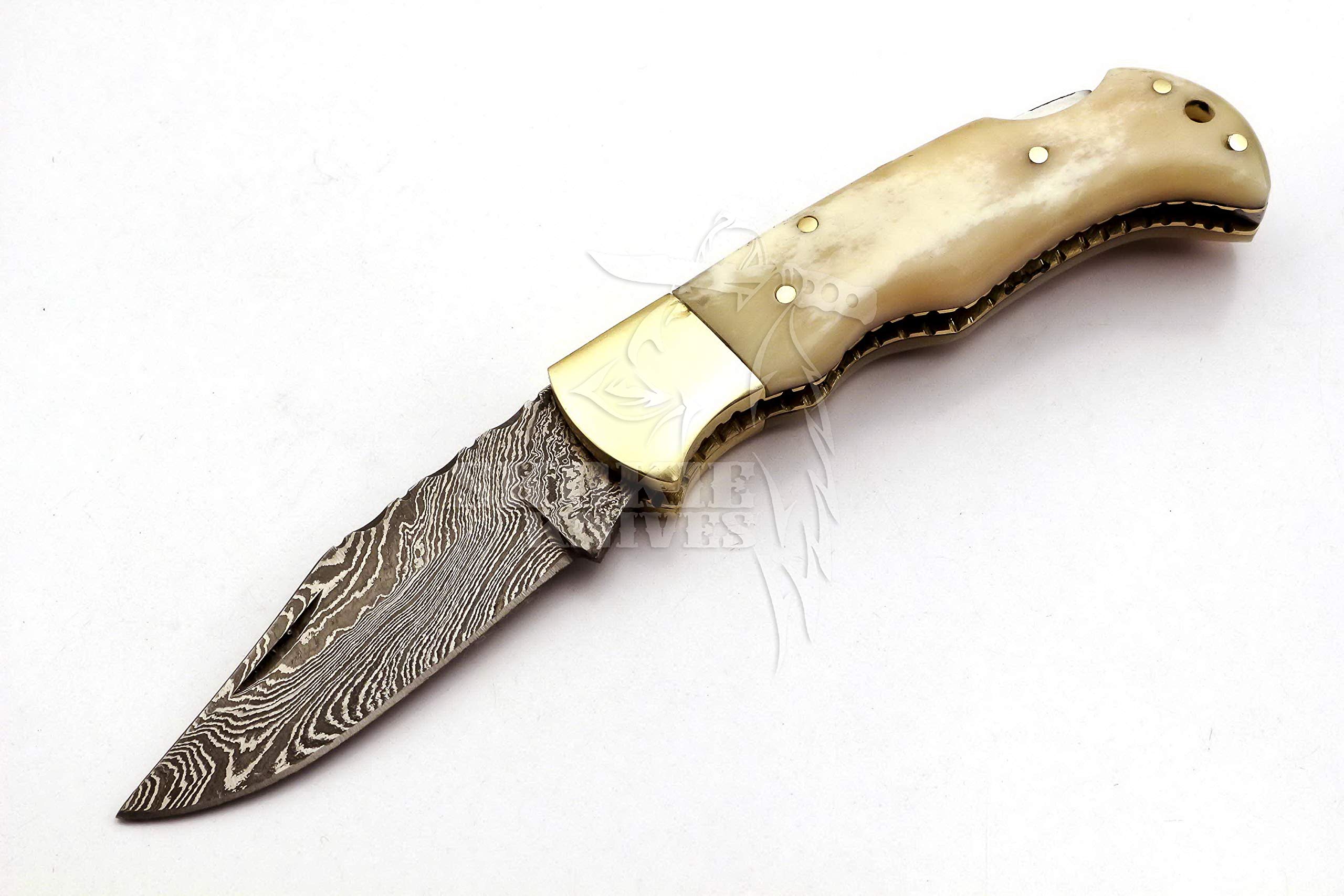 Skokie Knives Custom Hand Made Damascus Steel Hunting Folding Knife Handle Camel Bone