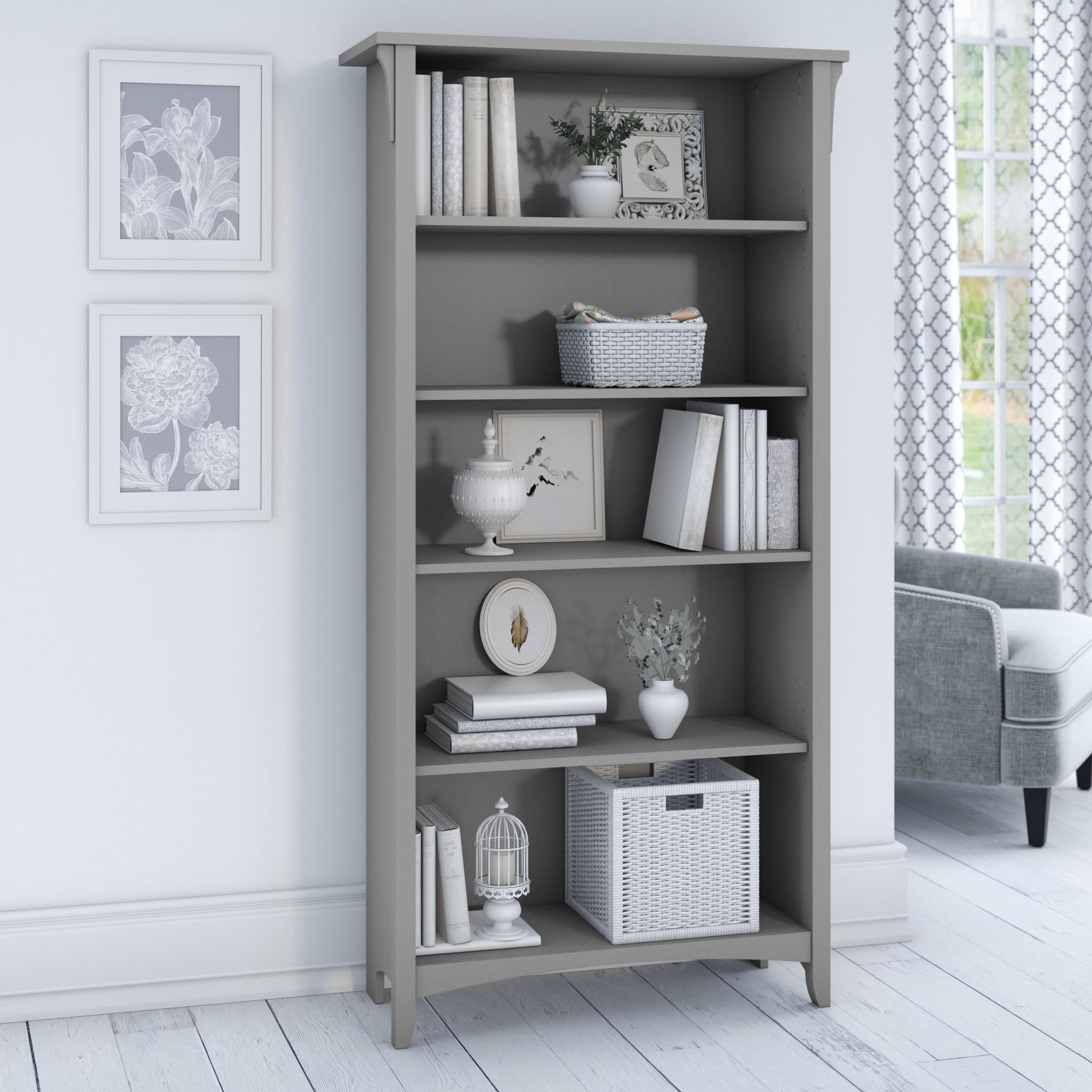 Bush Furniture Salinas 5 Shelf Bookcase in Cape Cod Gray, Tall Bookshelf, Large Book Shelf for Living Room, Home Office, or Entryway