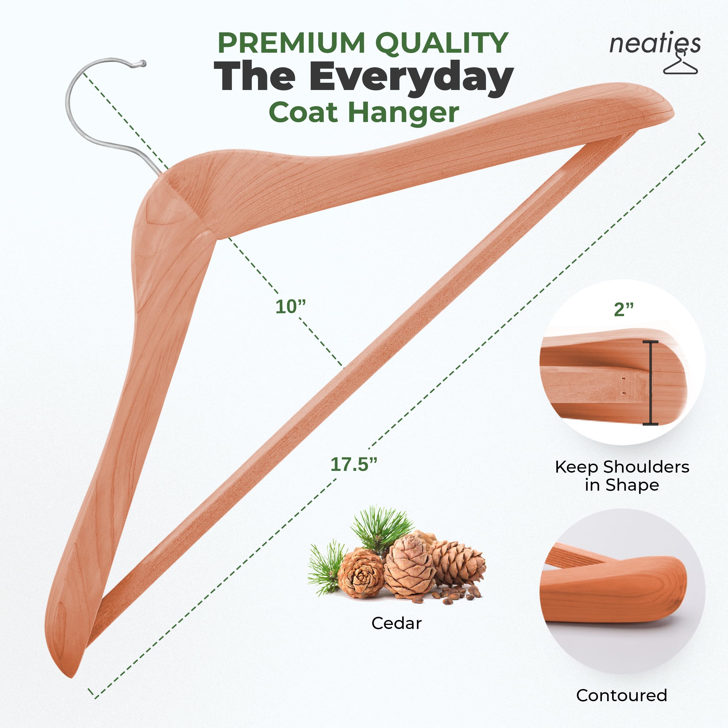 Neaties Premium Red Cedar Hangers for Closet Wide 2" Thick Cedarwood Hangers with Flat Bar - Cedar Pant Bar Cedar Jacket Hangers Cedar Suit Hangers Wooden Hangers Cedar Coat Hangers (4 Pack)