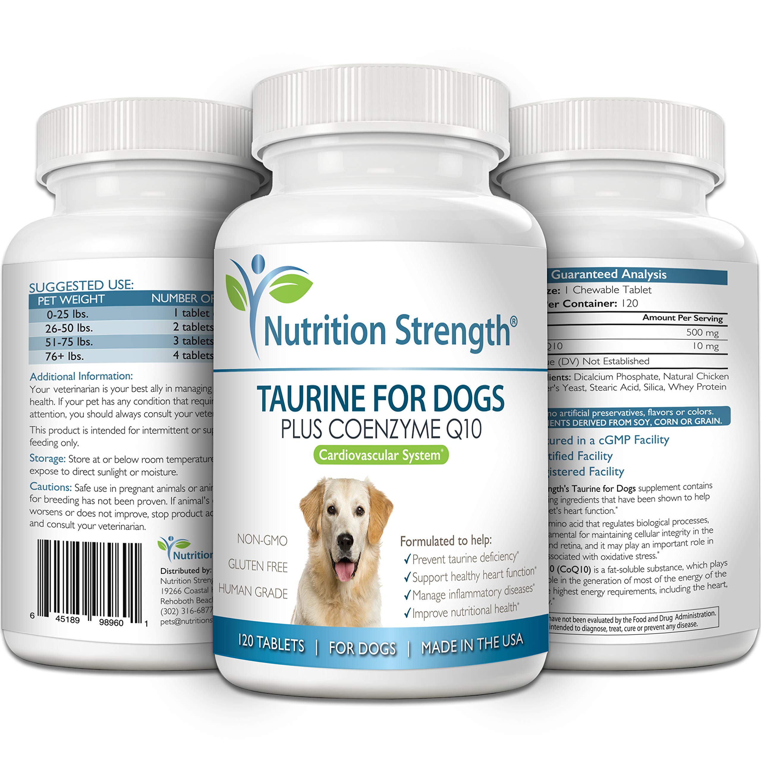 Nutrition Strength Taurine for Dogs, Support for a Healthy Heart Function, Resist Inflammatory Diseases, with Coenzyme Q10 to Help Manage Heart Failure and DCM in Dogs, 120 Chewable Tablets