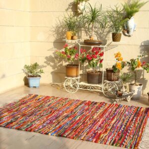 rajrang multicolor bohemian rug 5x7 feet boho striped recycled cotton chindi area rugs with decorative tassels