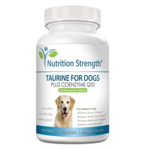 nutrition strength taurine for dogs, support for a healthy heart function, resist inflammatory diseases, with coenzyme q10 to help manage heart failure and dcm in dogs, 120 chewable tablets