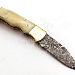 Skokie Knives Custom Hand Made Damascus Steel Hunting Folding Knife Handle Camel Bone